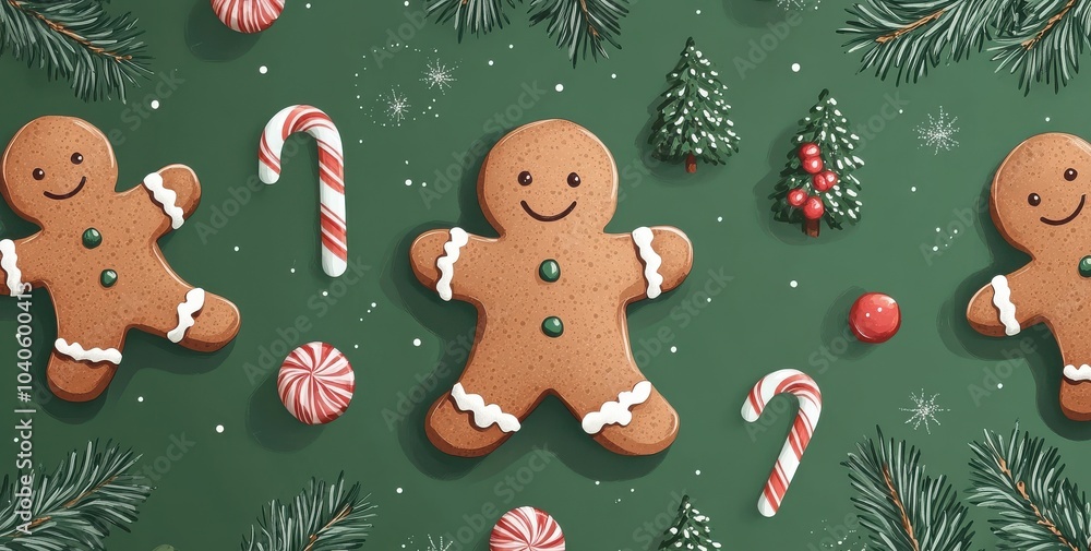 Festive pattern of gingerbread men, candy canes, and peppermint on a ...