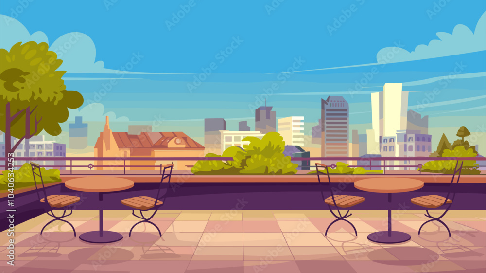 Restaurant on rooftop or building terrace with city view. Vector ...