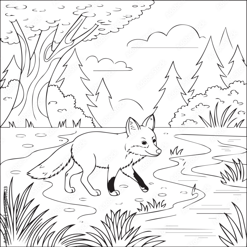 Cute fox walking in a forest, fun animal line drawing coloring page for ...