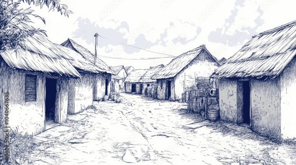 Line art illustration depicting an old town street featuring ...