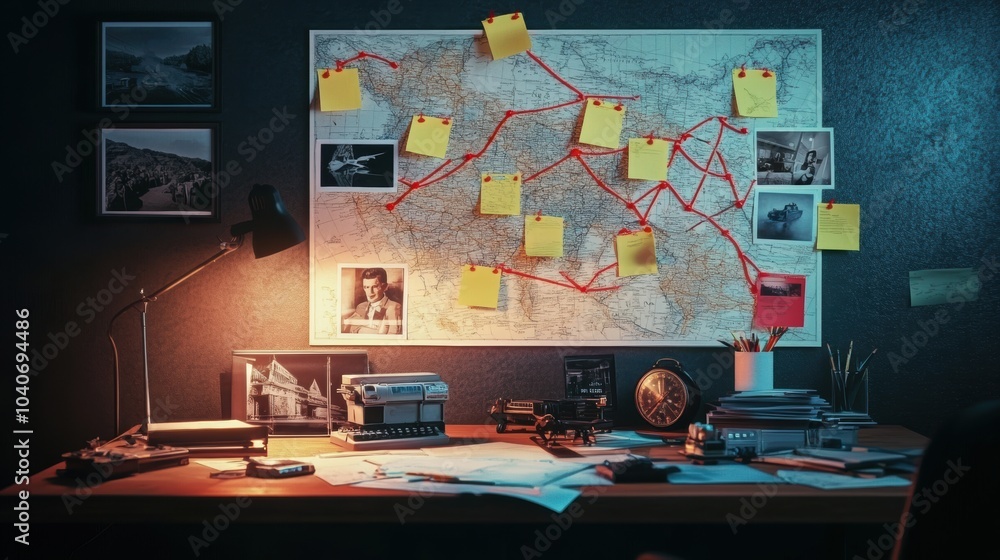 Investigation board with photos, notes, and red string, detailed crime ...