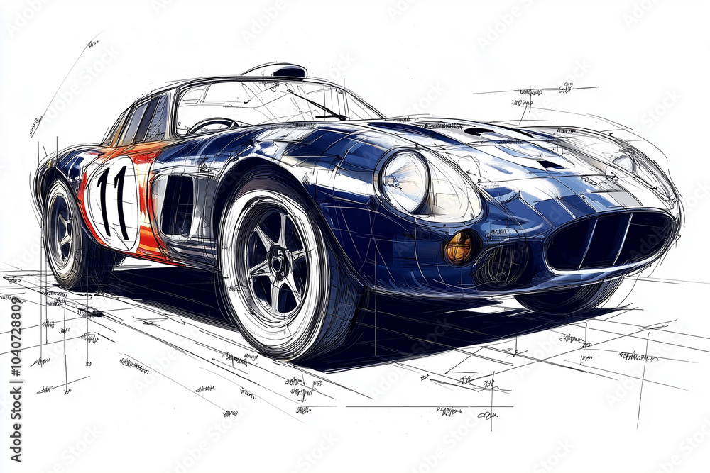 Sports car design blueprint, CAD style, pencil sketch effect, with ...