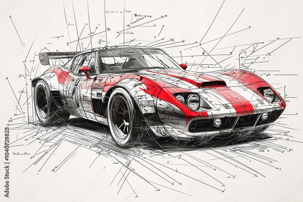 Sports car design blueprint, CAD style, pencil sketch effect, with ...