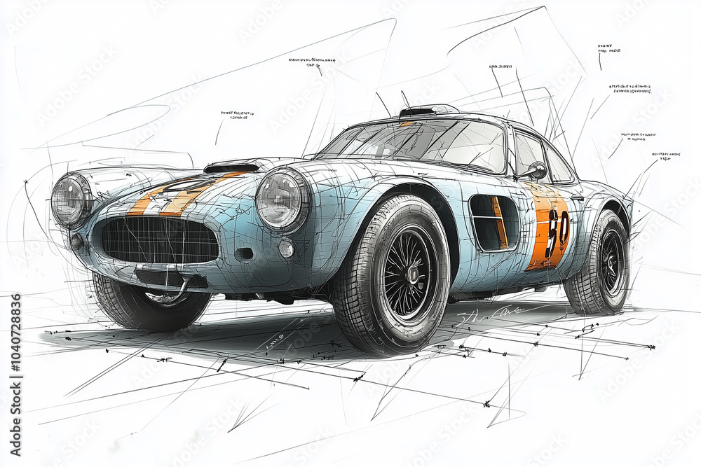 Sports car design blueprint, CAD style, pencil sketch effect, with ...