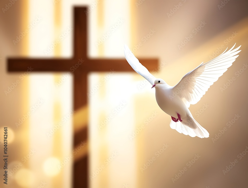 White dove flying. Holy spirit pigeon, church's colored stained glass ...