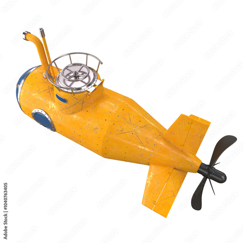 Yellow submarine with periscope isolated on white background, 3d render ...