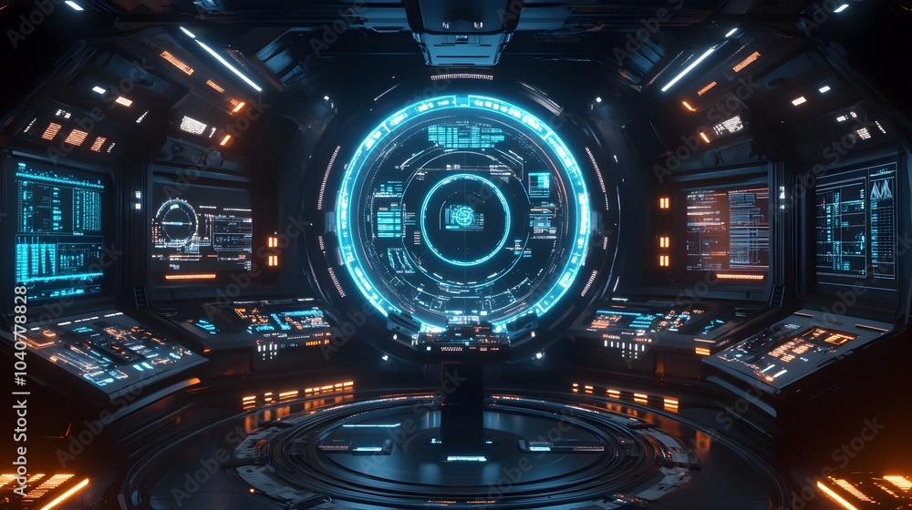 Crew in a circular starship control room, floating holographic ...
