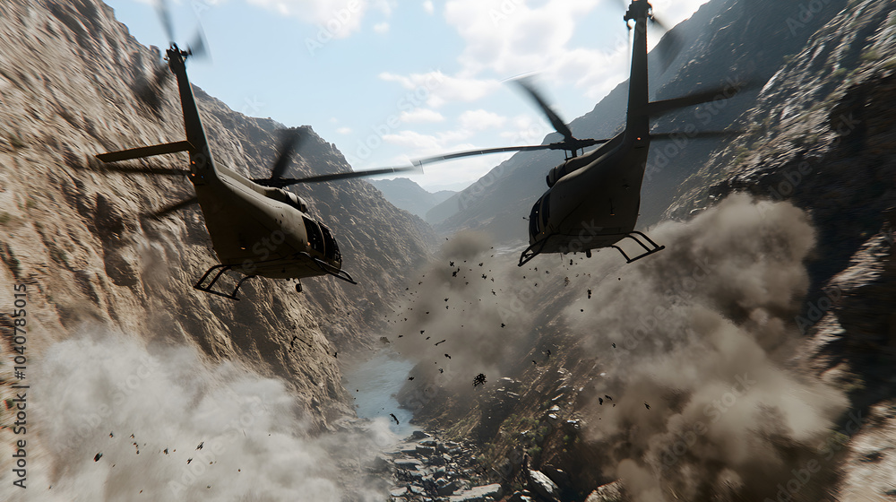 Two helicopters flying through a canyon, avoiding anti-aircraft fire ...