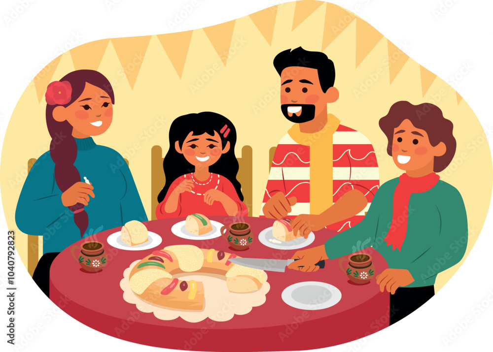 Dibujo familia partiendo rosca de reyes magos, tradición México Stock ...