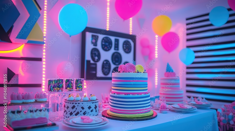 retro-themed birthday party with vibrant 80s-style decorations, neon ...