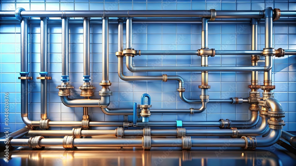 A network of metallic pipes interconnects against a tiled wall ...