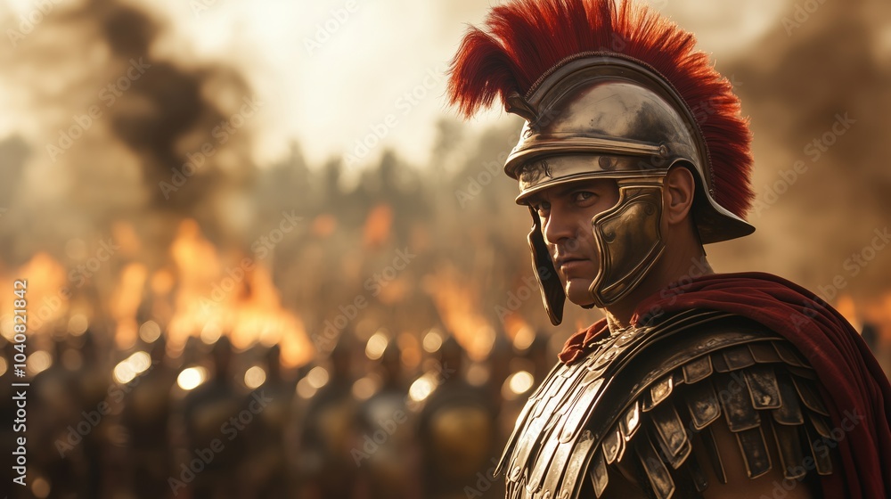 A cinematic photo of an ancient Roman soldier wearing the iconic red ...