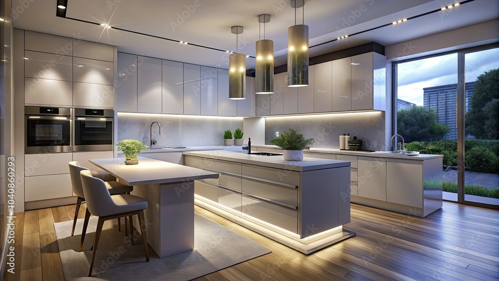 A contemporary kitchen design features elegant white cabinets ...