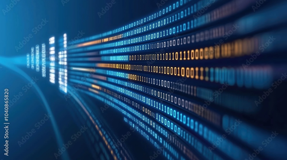 Long line of binary code is displayed in a blue and orange color scheme ...