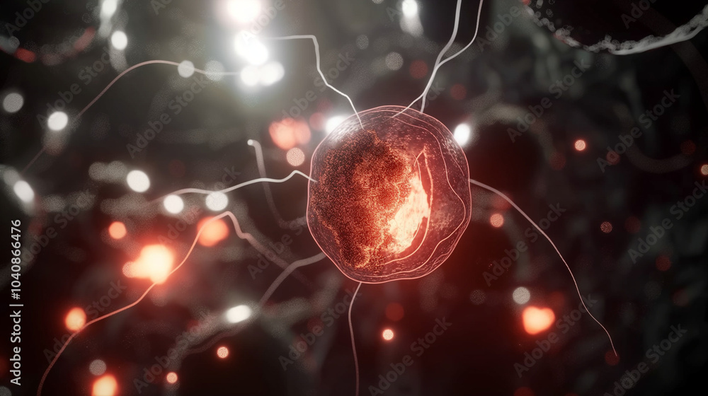 Microscopic view of a cell undergoing apoptosis, nucleus shrinking and ...