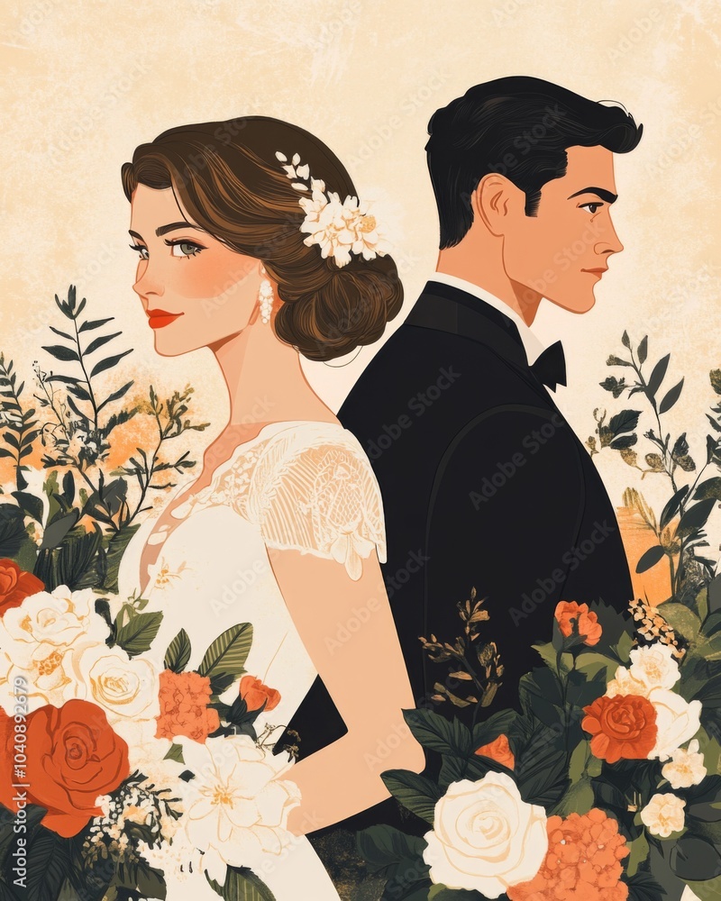 Elegant wedding cover page illustration featuring a stylized bride in a ...