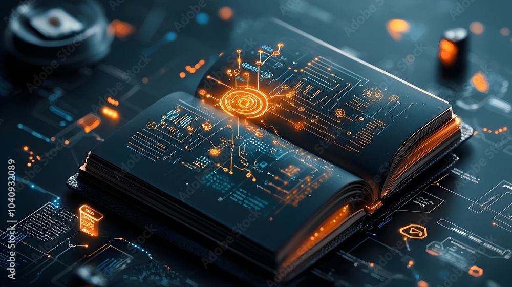 Ilustración de Stock Futuristic open notebook with a glowing mesh ...