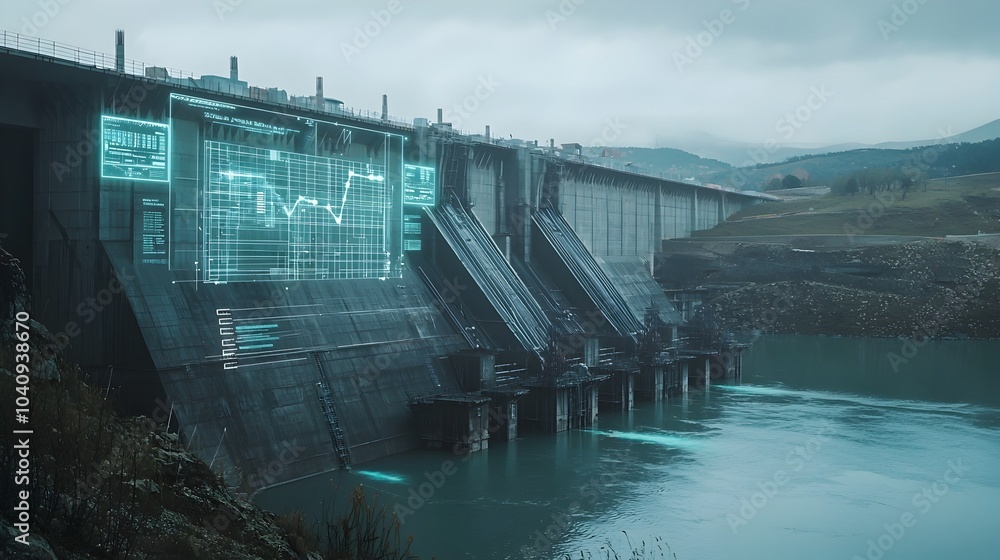Massive dam construction site with holographic blueprints and digital ...