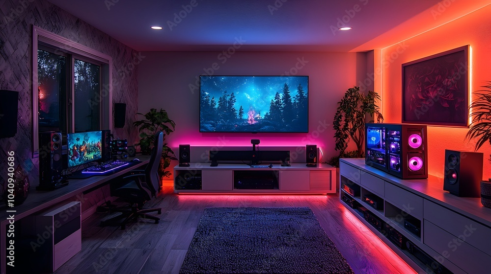 Sleek and Stylish Modern Game Room Interior with Large Flat Screen TV ...