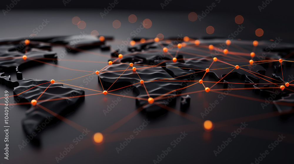 glowing network of points and sleek lines forms global map, symbolizing ...