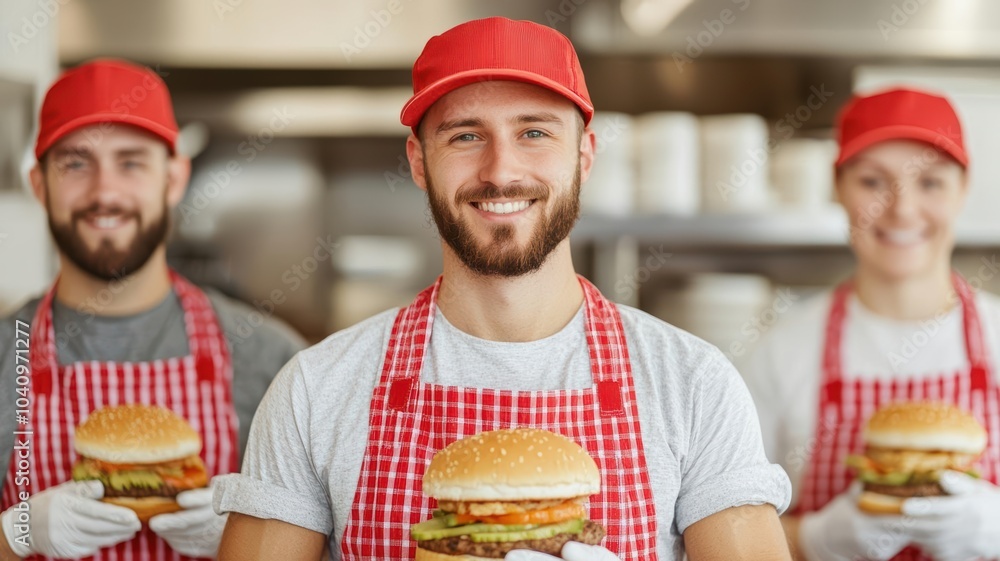 Smiling fast food employees at the counter, modern quick service ...