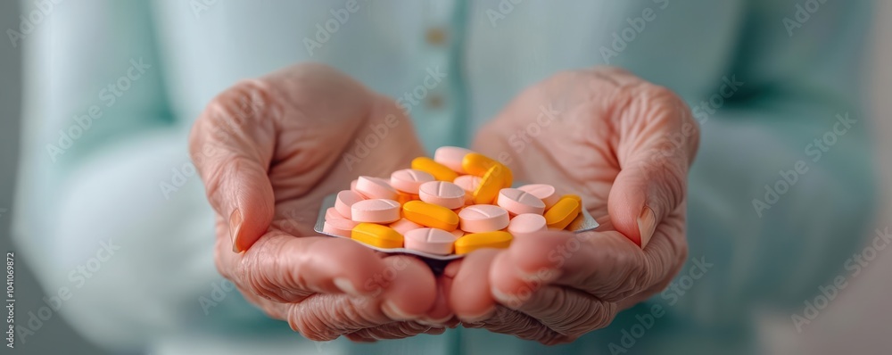 Elderly woman sorting medication into pill organizer, calm environment ...