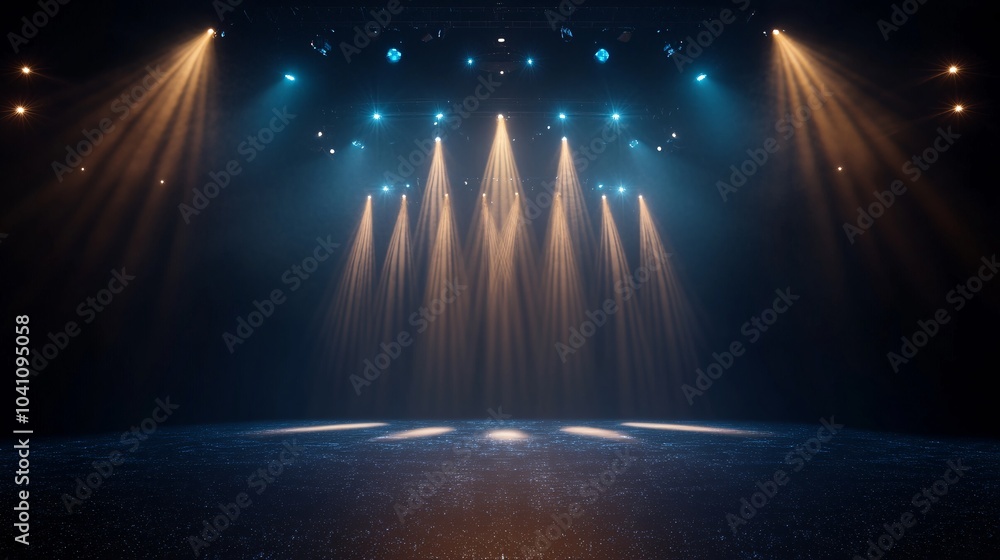 majestic stage illumination, golden horizon beam rays, blue spotlights ...