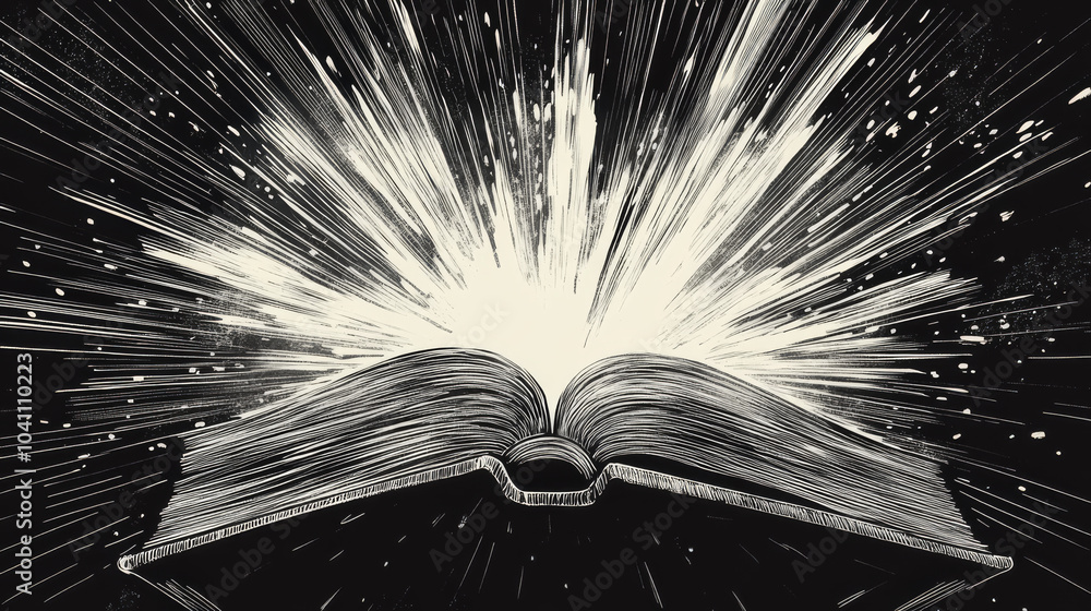 A hand-drawn sketch of a book with light rays, perfect for a T-shirt ...