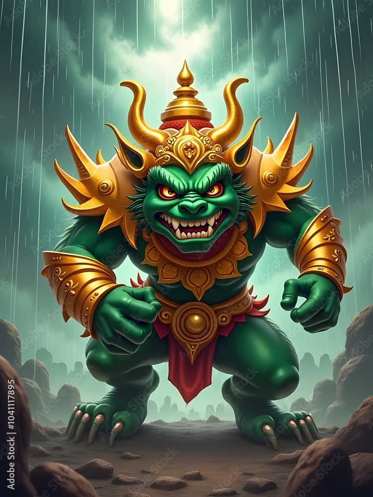 Ilustración de Stock Giant, Demon, Fierce green warrior wearing a ...