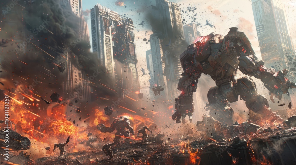 Robots fight with monsters in destroyed space, background explosions ...