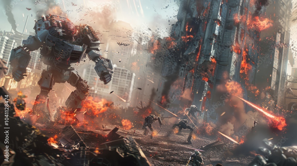 Robots fight with monsters in destroyed space, background explosions ...