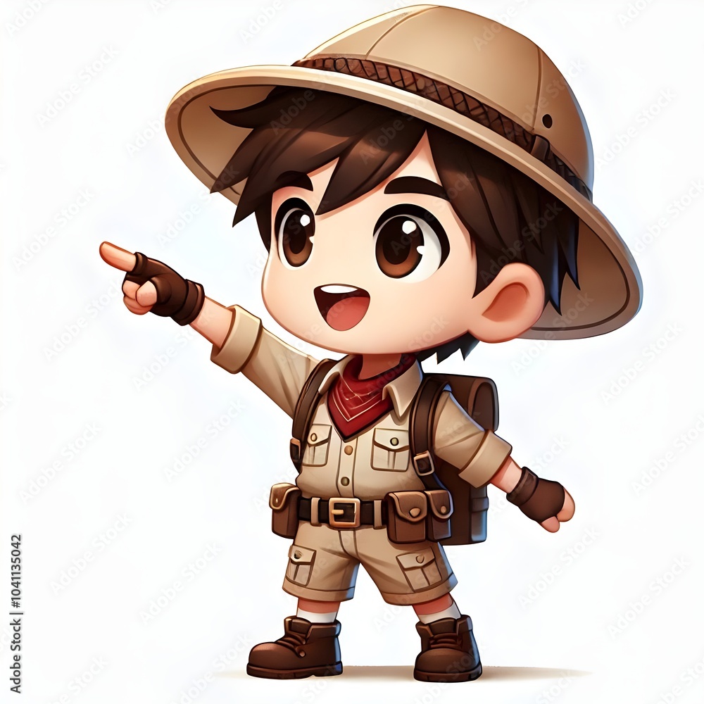 Chibi anime boy in safari explorer outfit pointing excitedly Stock ...