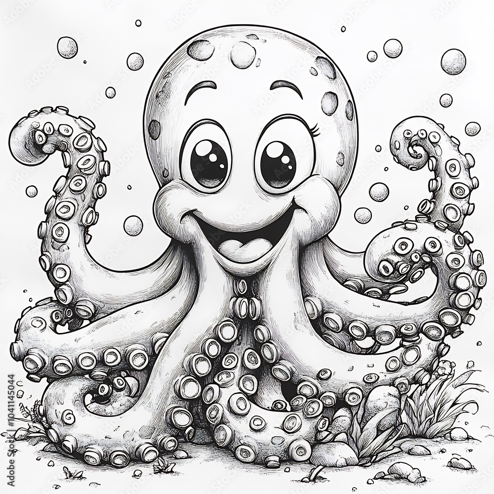 Delightful handdrawn black and white drawing of a cheerful octopus ...