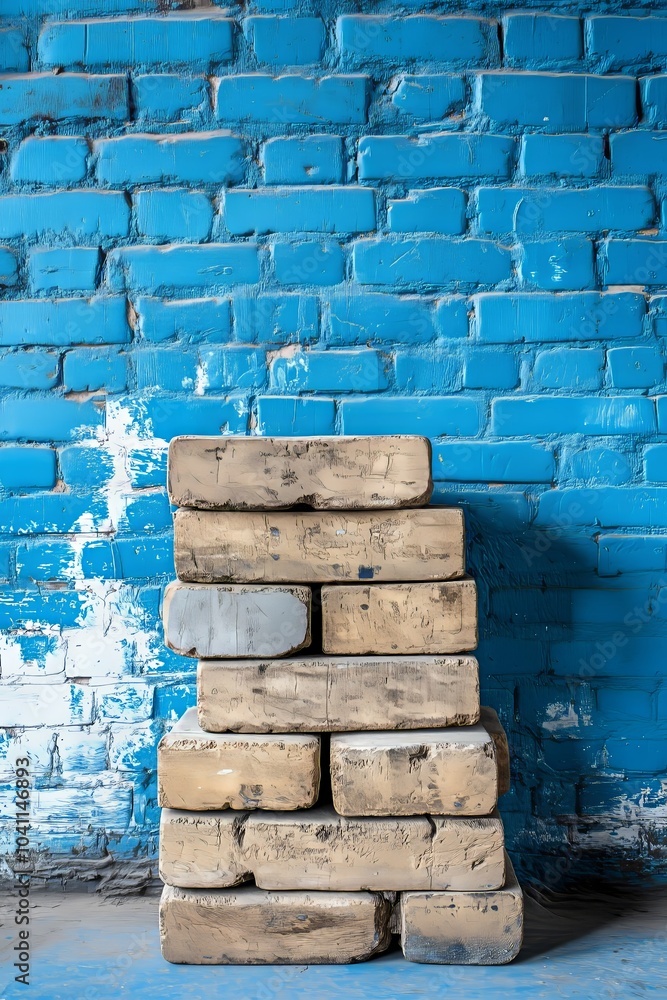 Weathered bricks stacked neatly in front of a vibrant blue painted brick wall, showcasing urban ...