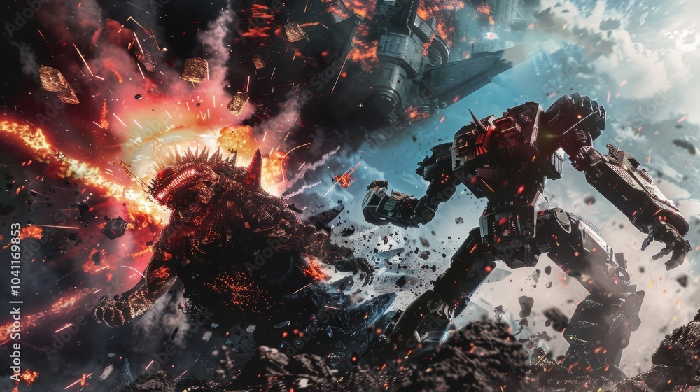Robots fight with monsters in destroyed space, background explosions ...
