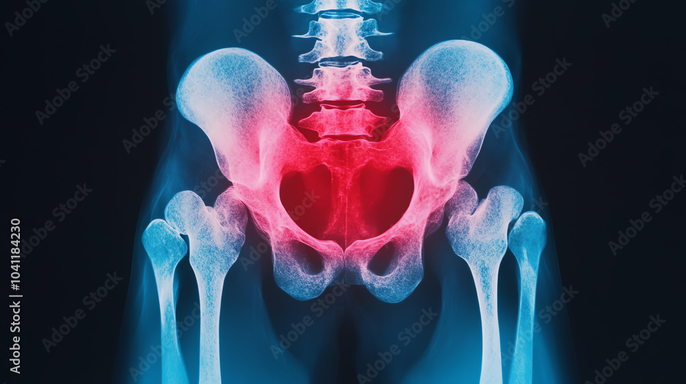 Medical X-ray image showing the human pelvis with highlighted areas ...