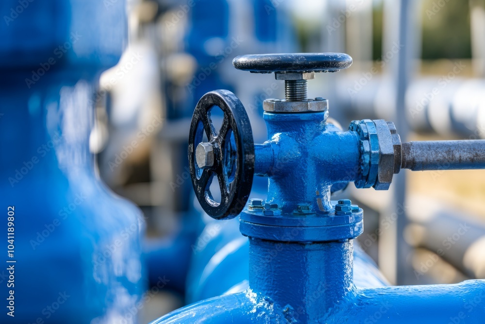Water pipes and pressure control industrial system. Blue closing valve ...