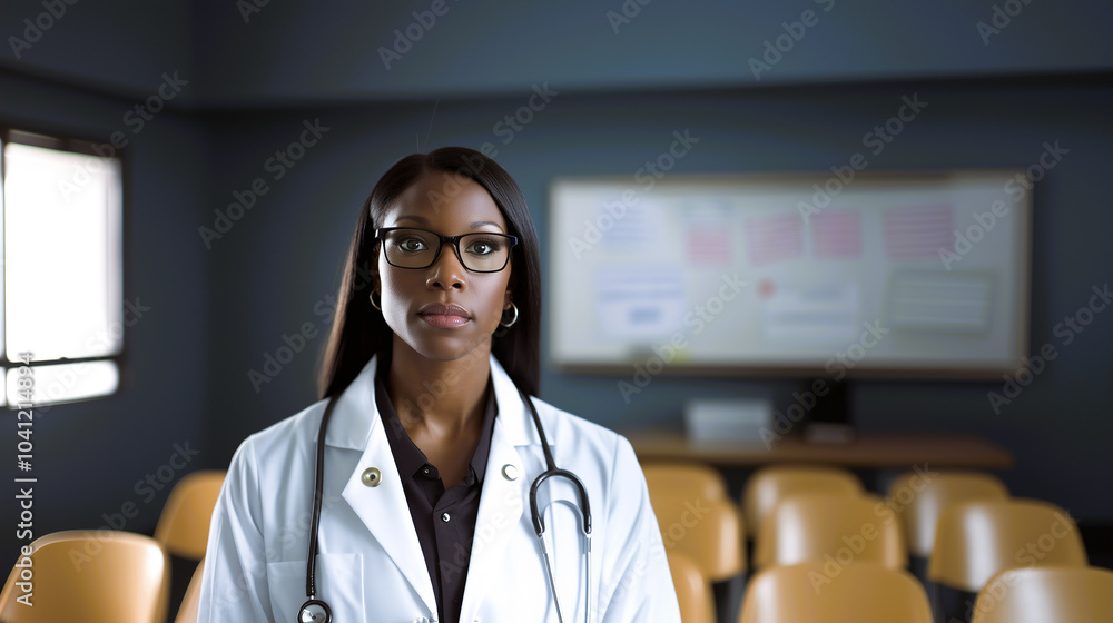 Black female doctor with serious demeanor in an empty classroom waiting ...