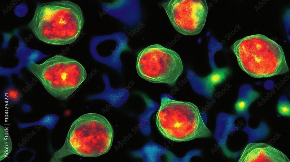 Microscopic view of a cell undergoing apoptosis, nucleus shrinking and ...