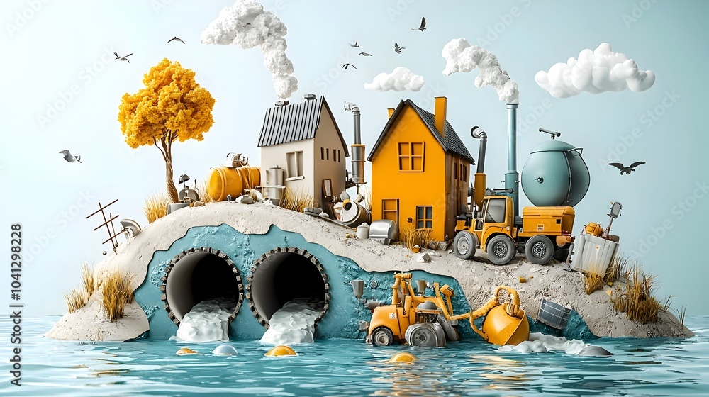 Detailed cross section of an intricate urban sewer system highlighting ...