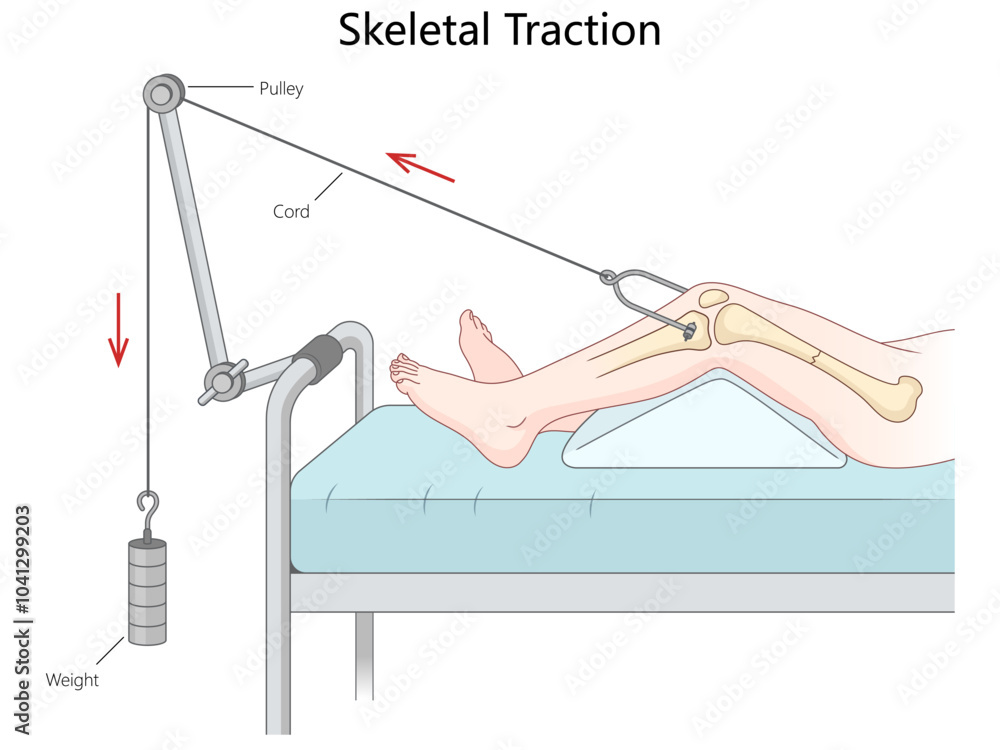 skeletal traction using weights and pulleys to align a leg fracture ...