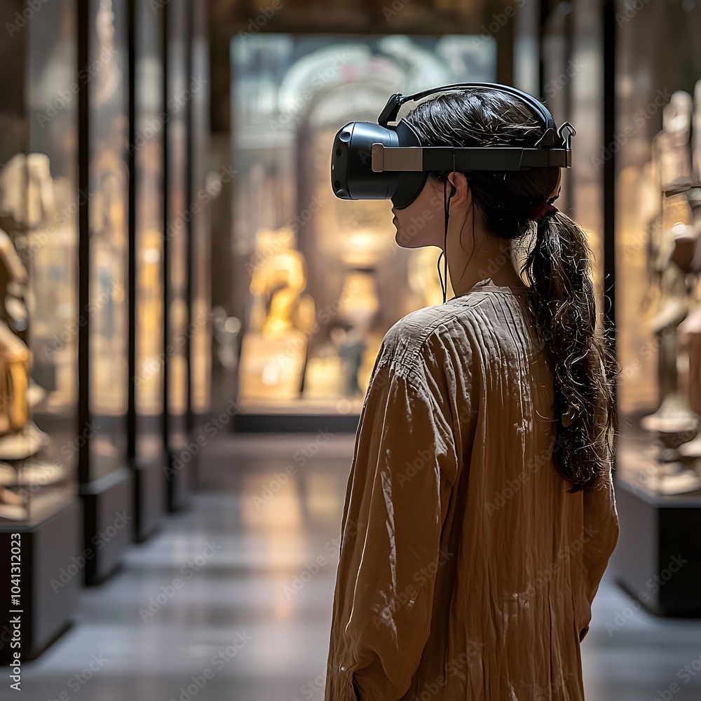 Virtual Museum Person in VR Glasses Examining 3D Rendered Historical ...