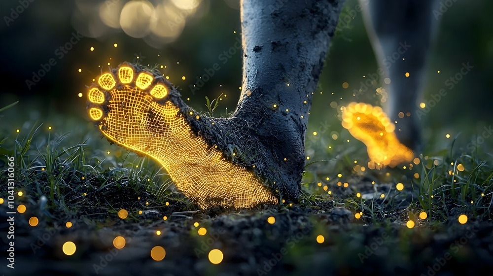 Glowing mesh footprint patterns winding through a forest environment ...