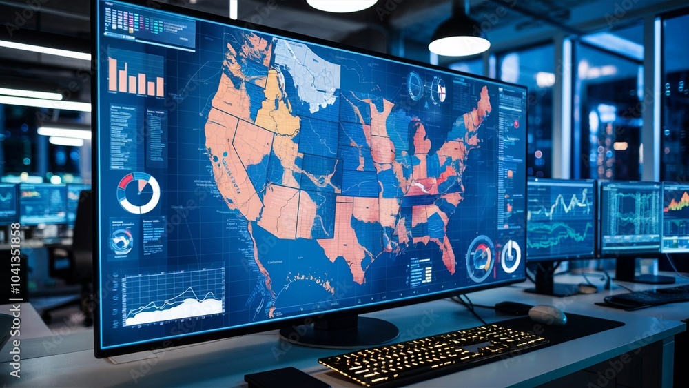 High-tech workstation with North American map and digital overlays ...