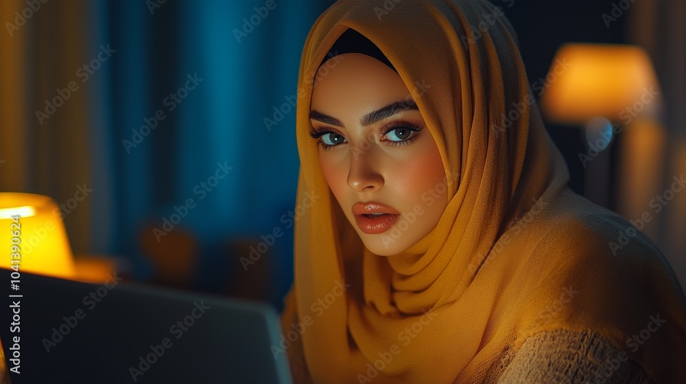 Young Muslim businesswoman working on laptop. Concept of Muslim women ...