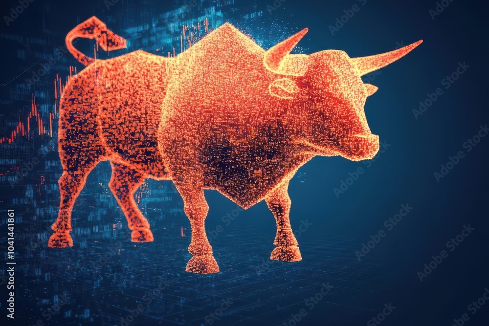 Digital representation of a shattered bull statue made of pixels ...
