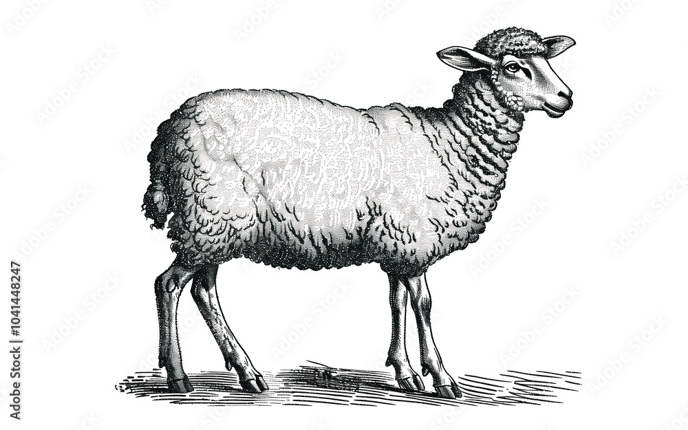 Sheep, lamb. Vintage retro print, black white sheep lamb sketch ink ...