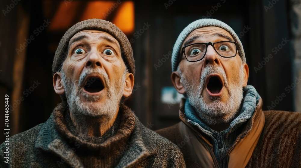 Elderly men react with surprise expressing awe as they hear something ...
