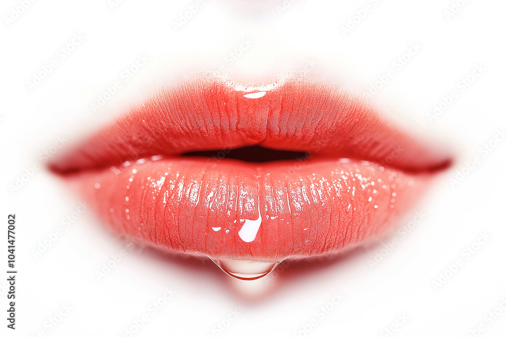 Glossy orange lips with a water droplet. Detailed macro shot of shiny ...