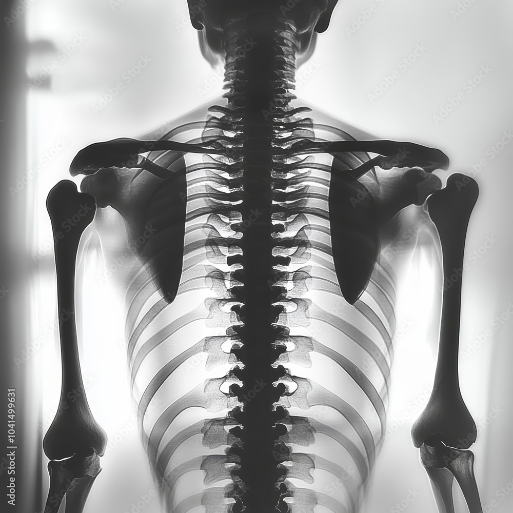 X-ray of a human skeleton showing the back and spinal structure. Stock ...